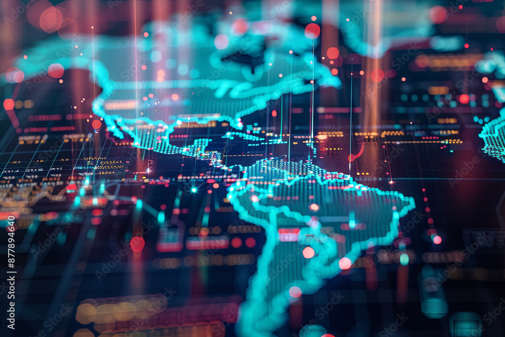 Dynamic digital world map emphasizing the American continent for AI ...