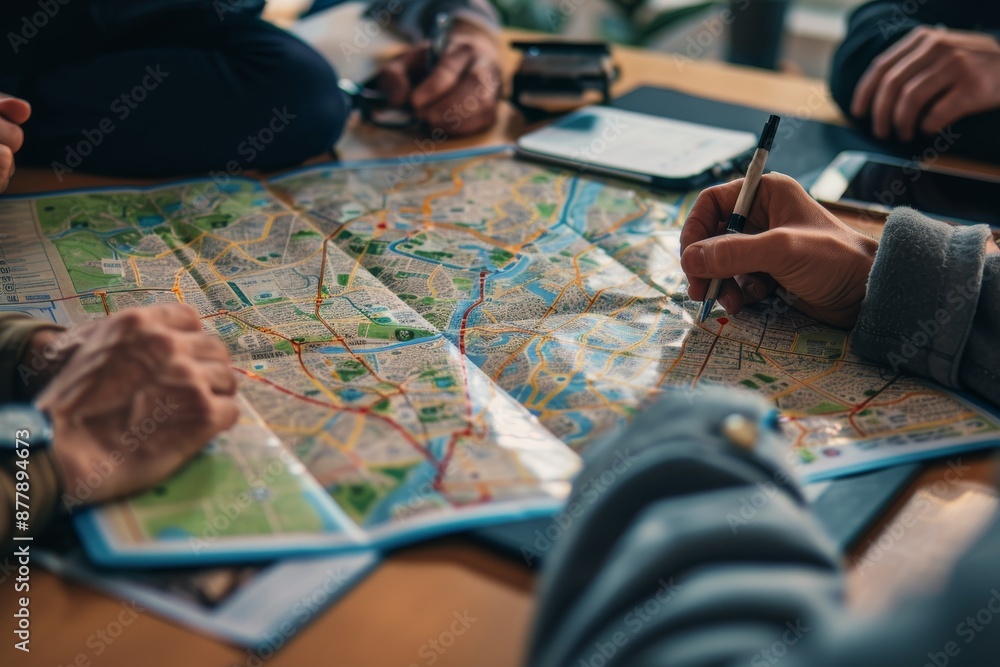 Investors gather around a large city map, pointing out key locations ...
