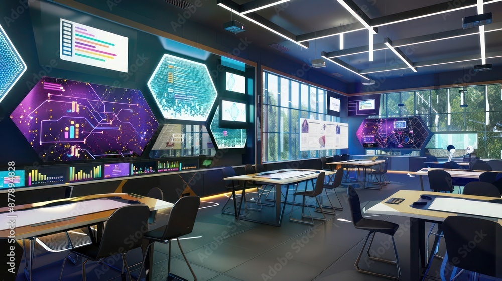 A futuristic education space with virtual classrooms, interactive ...