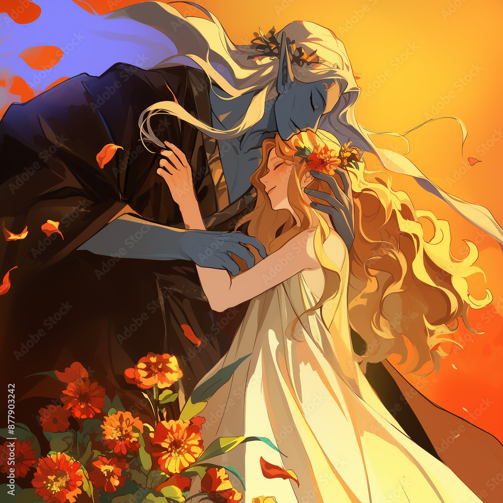 anime illustration of Hades and Persephone in the underworld surrounded ...