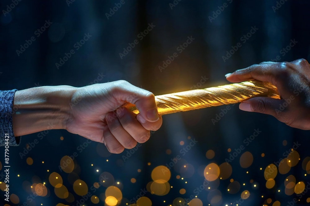Close-up shot of a hand passing a golden relay baton from a white ...