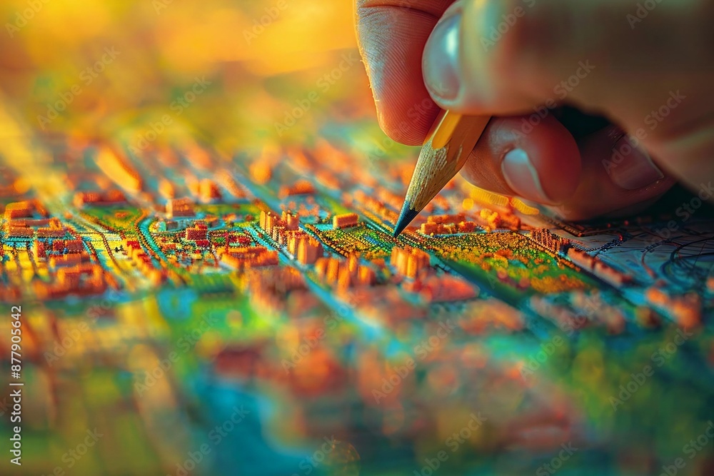close-up photo of a human hand holding a pencil over a paper cadastre ...
