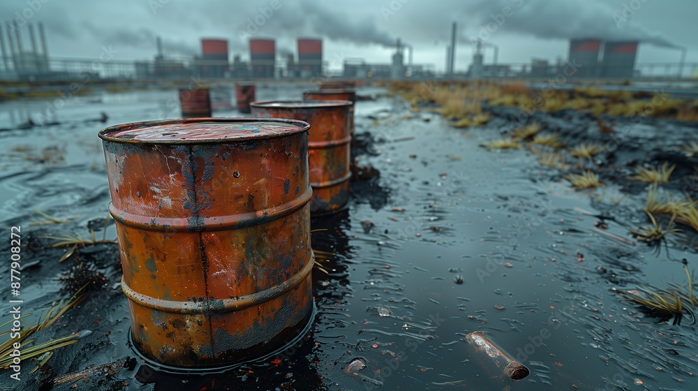 Industrial soil pollution with toxic waste barrels, contaminated ground ...