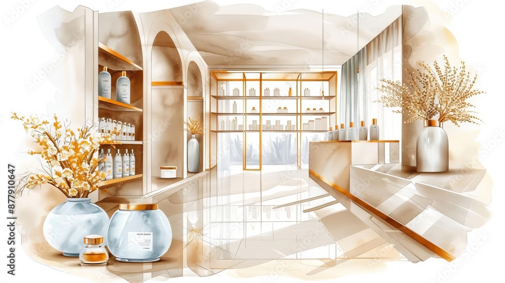 watercolor illustration of retail store interior with shelves stocked ...