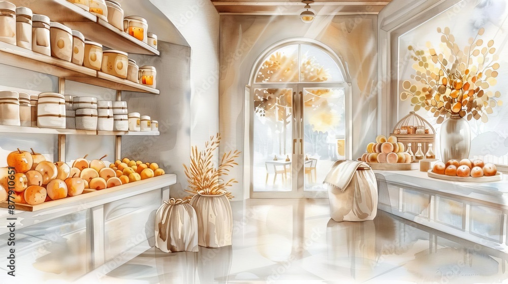 watercolor illustration of retail store interior with shelves stocked ...