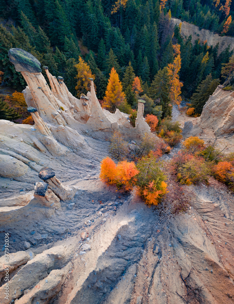 Straight down view of Earth pyramids of Platten - Spiky sand towers ...