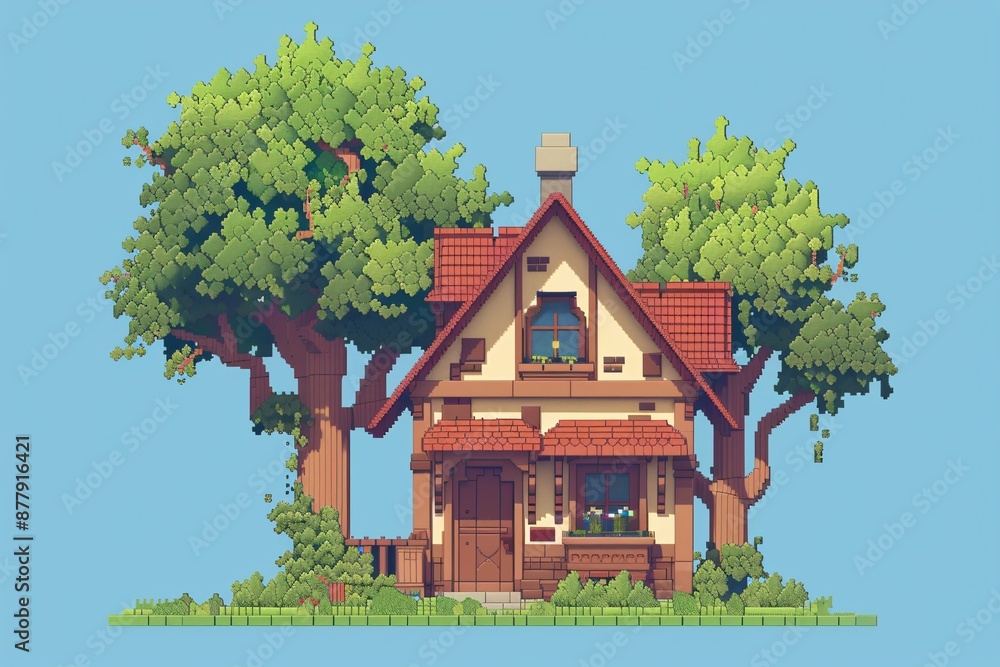 A pixelated house with red roof stands under trees, front porch with ...