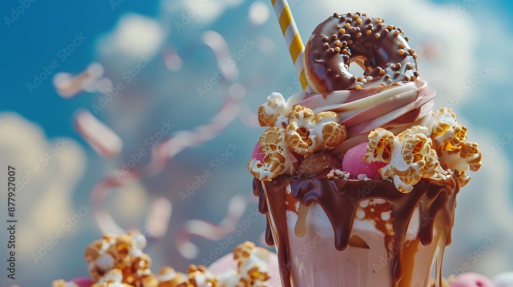 Chocolate freak shake topping with donut and caramel popcorn with ...