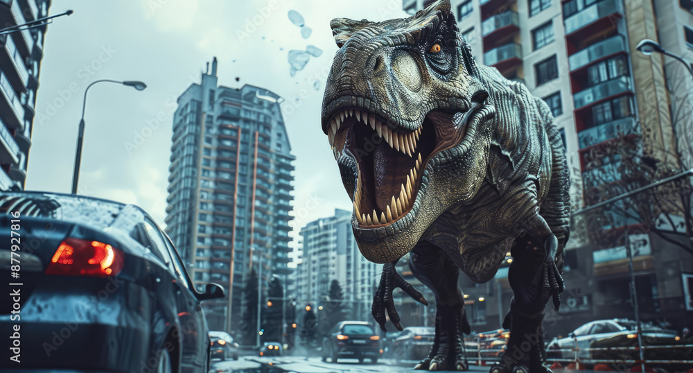 an angry Tyrannosaurus Rex standing on the street in front of modern ...