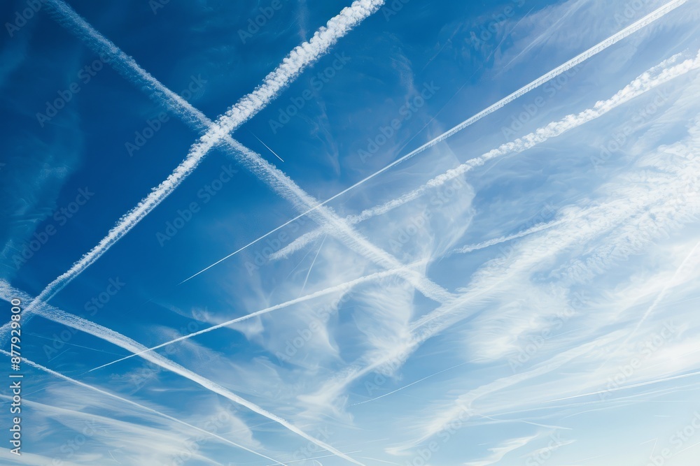 Contrail clouds streaking across the sky behind a passing airplane ...