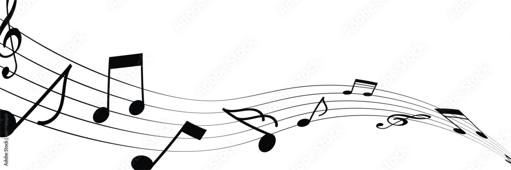 Musical note wave. Music notes melody on white background. Staff treble ...