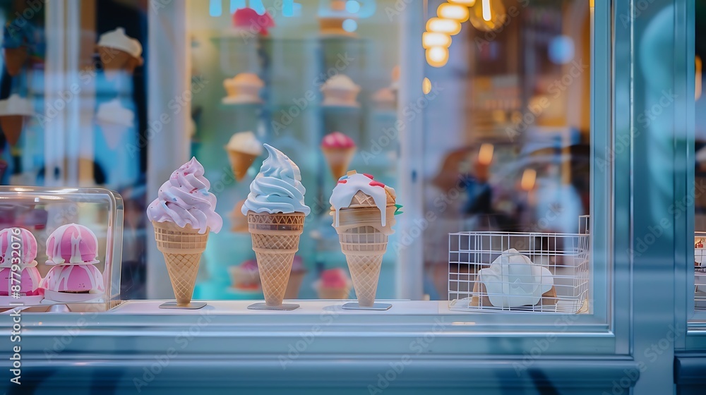 Ice cream shop detail with mockup ice cream model on window display ...