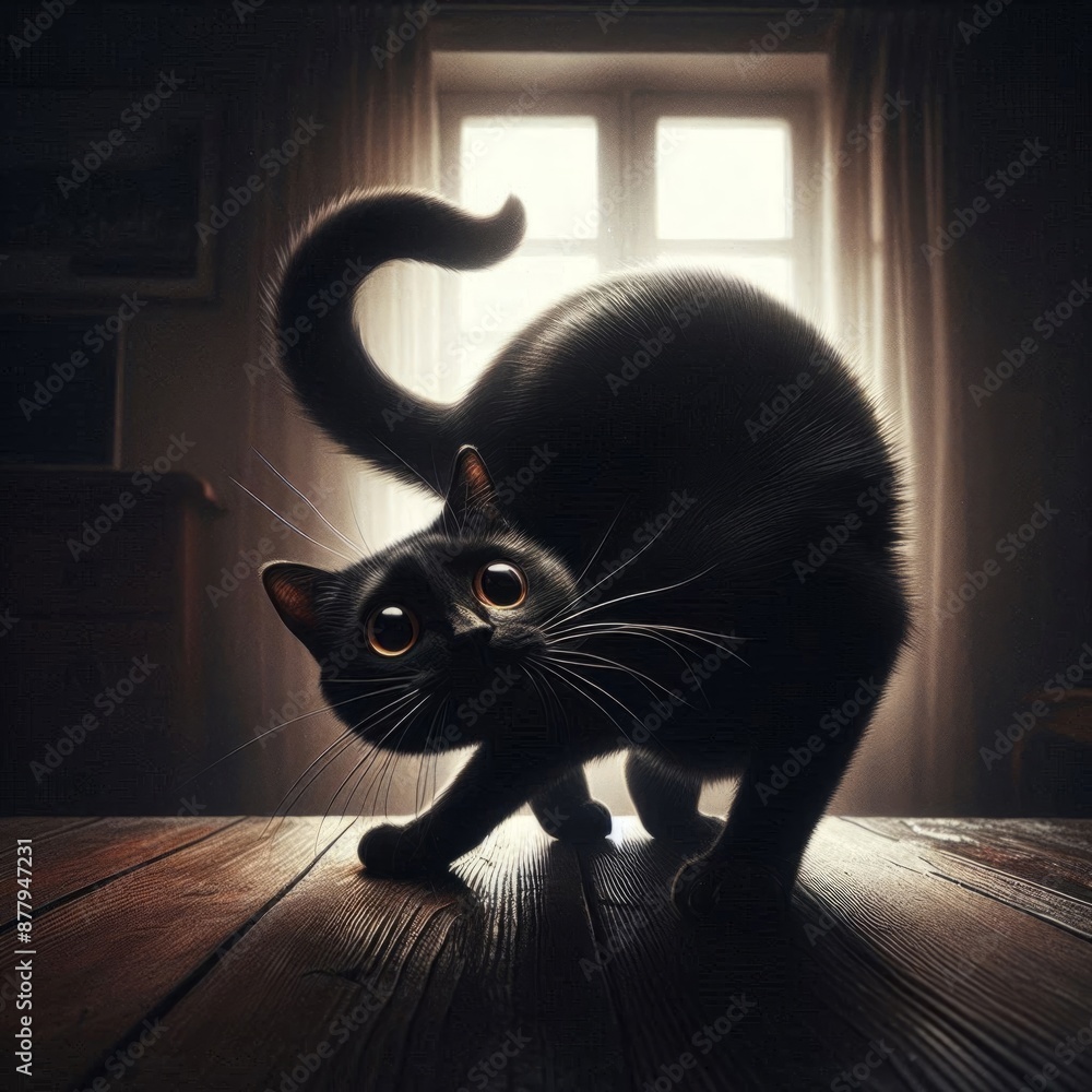 A black cat, scared, with an arched back and wide-open eyes. The bright ...