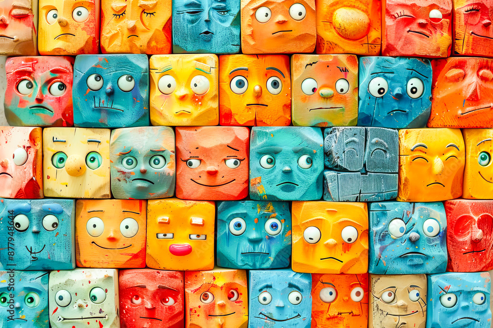 Colorful wall showing many different human emotions through facial ...