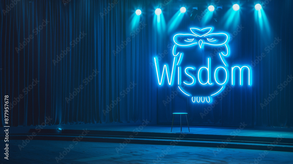 Wisdom symbol concept image with blue neon lights forming the word ...