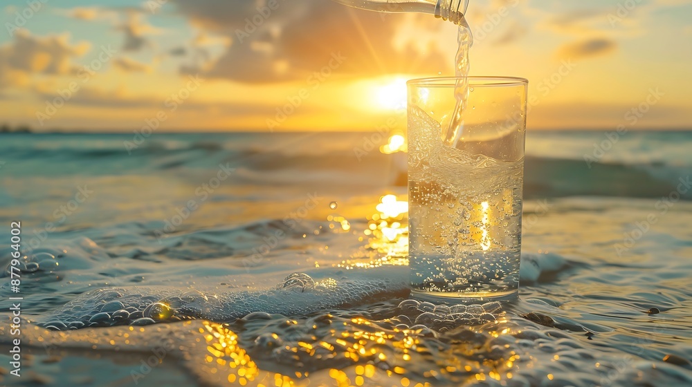 Pouring water from a bottle into a glass at the beach on beautiful ...