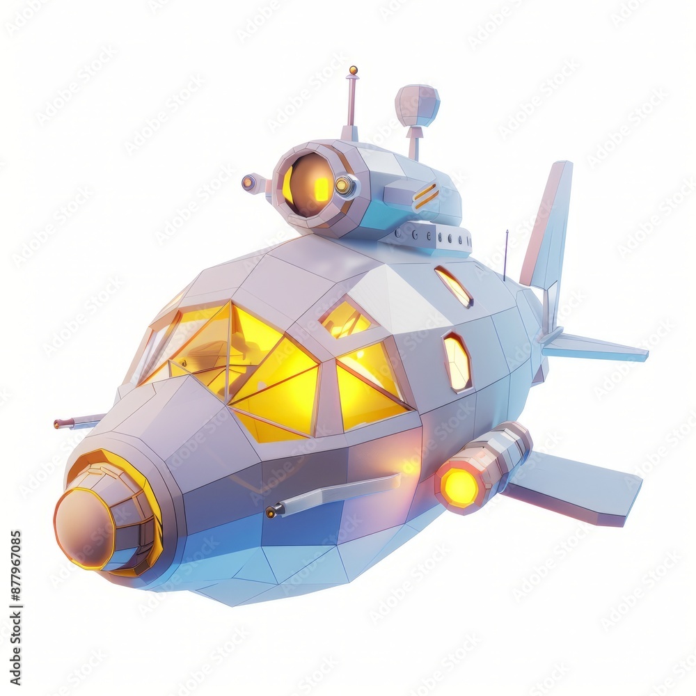 3D Render, Low Poly style of a submarine exploring the depths with ...
