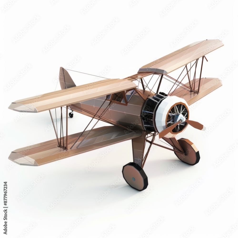 3D Render, Low Poly style of a vintage biplane with open cockpit and ...