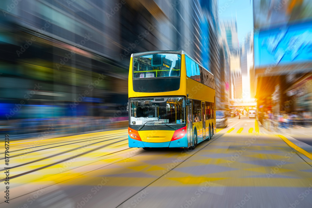 Double decker city shuttle bus drives motion blur rapid speed effect ...