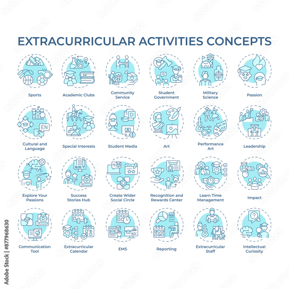 Extracurricular activities soft blue concept icons. After school ...