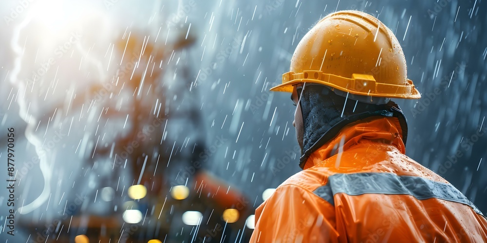Oil rig worker on offshore platform in stormy seas with drilling ...