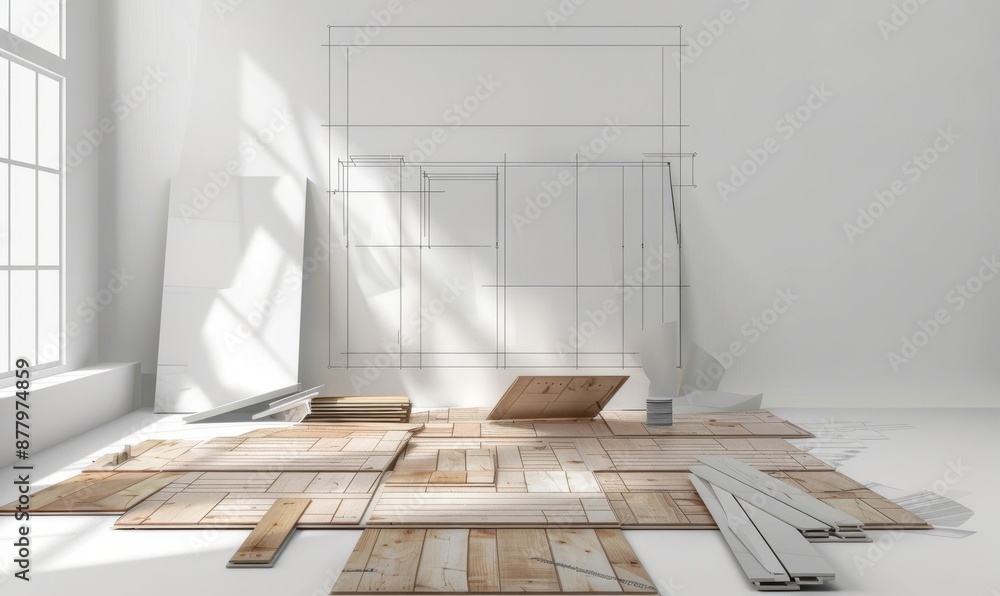 ultra-realistic photo of a room with wooden parquet on all sides ...
