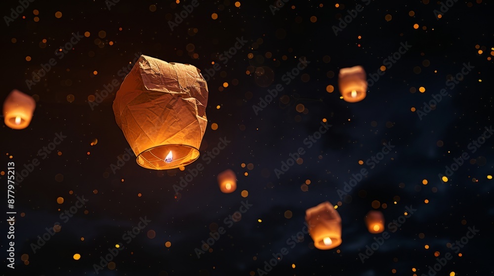 Floating paper lanterns in night sky. Flying Chinese lanterns ...