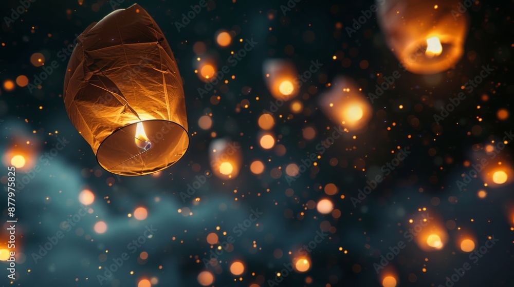 Floating paper lanterns in night sky. Flying Chinese lanterns. Tradition releasing floating ...