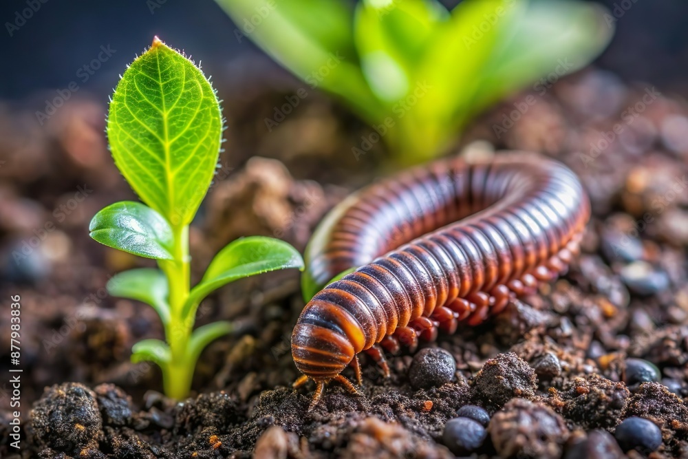 millipede crawl on garden soil next to green plant Stock Photo | Adobe ...