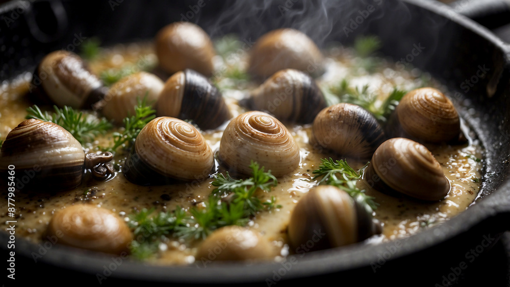 Cooking in a Hot Skillet Film a close-up of escargots sizzling in a hot ...