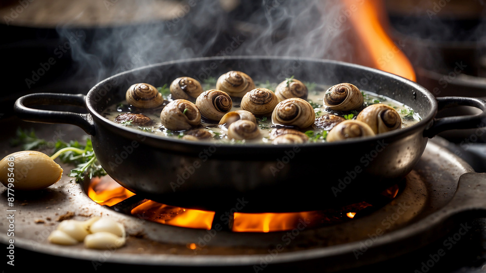 Cooking in a Hot Skillet Film a close-up of escargots sizzling in a hot ...