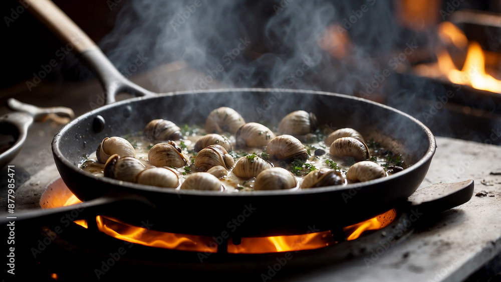 Cooking in a Hot Skillet Film a close-up of escargots sizzling in a hot ...