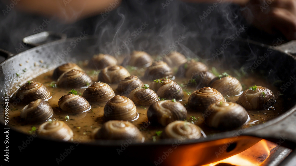 ภาพประกอบสต็อก Cooking in a Hot Skillet Film a close-up of escargots ...