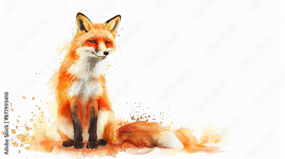 Watercolor painting of cute little fox is sitting in the grass. The ...