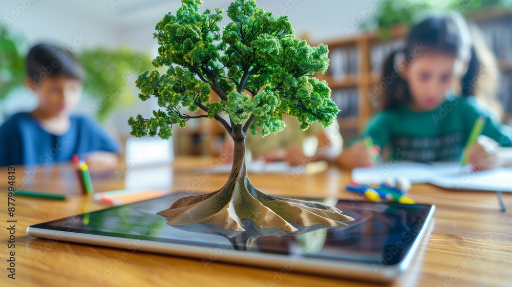 Modern classroom with students using tablets for augmented reality ...