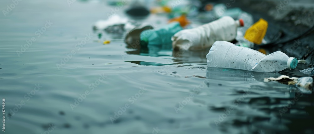 Plastic pollution in a body of water, highlighting the environmental ...