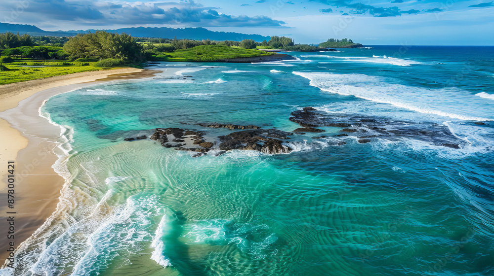 Sandy beach stretches out before you, with azure waves gently lapping ...