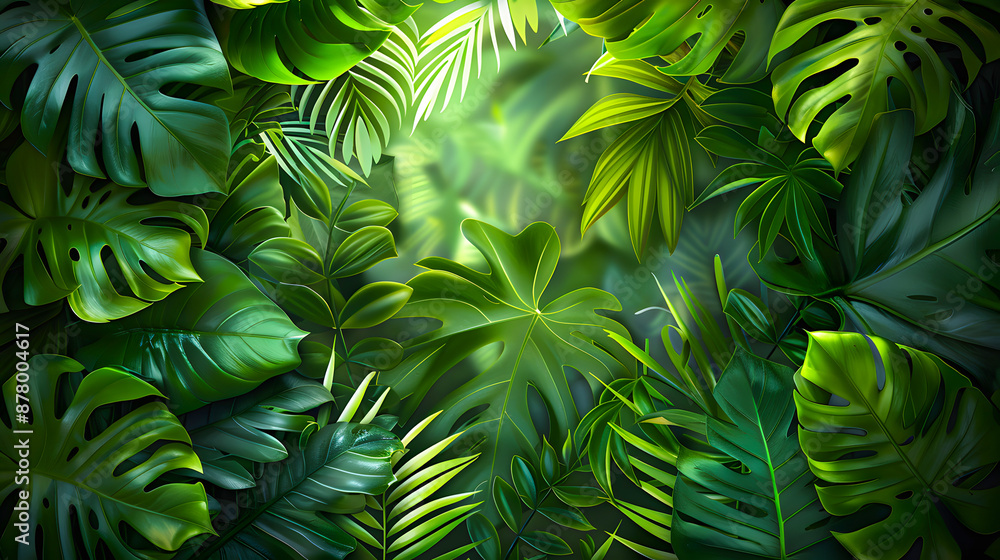 Lush green tropical leaves creating a natural jungle background ...