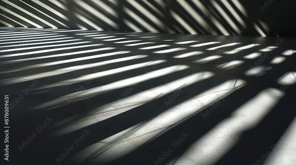 Shadows cast by a slatted ceiling create a pattern of light and dark ...