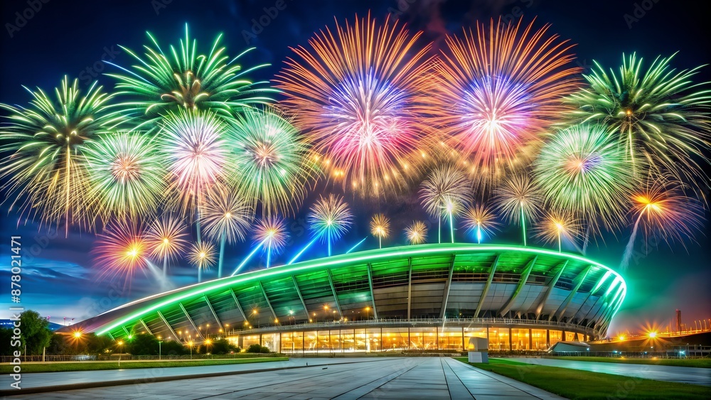 Colorful fireworks illuminate the night sky above a grand, illuminated ...