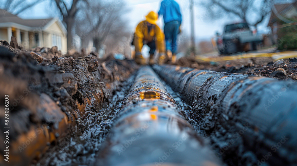 Group of Workers overseeing the installation of underground utilities ...