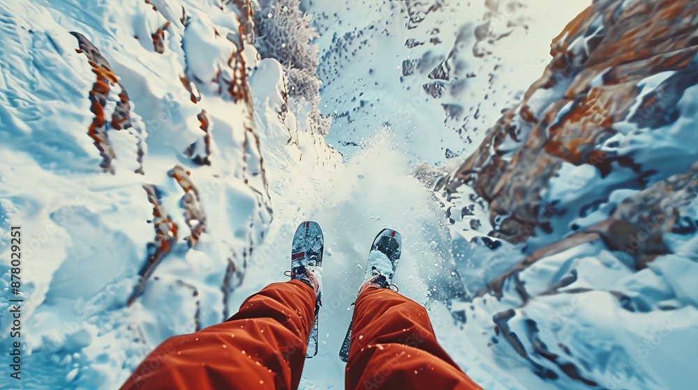 Heart-Pounding Descent: POV of Skier Falling Off Cliff with Frantic ...