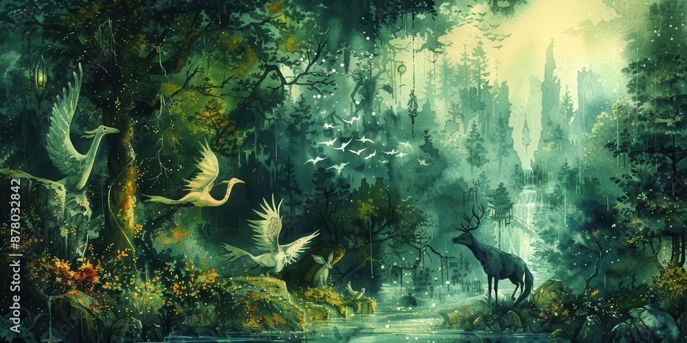 Enchanting forest scene with mythical creatures and a serene atmosphere ...