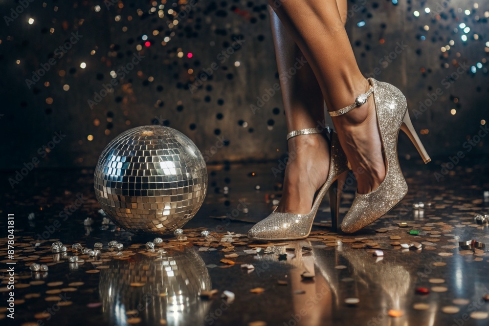 Women's legs in luxurious shiny pumps with heels at a party or disco on ...
