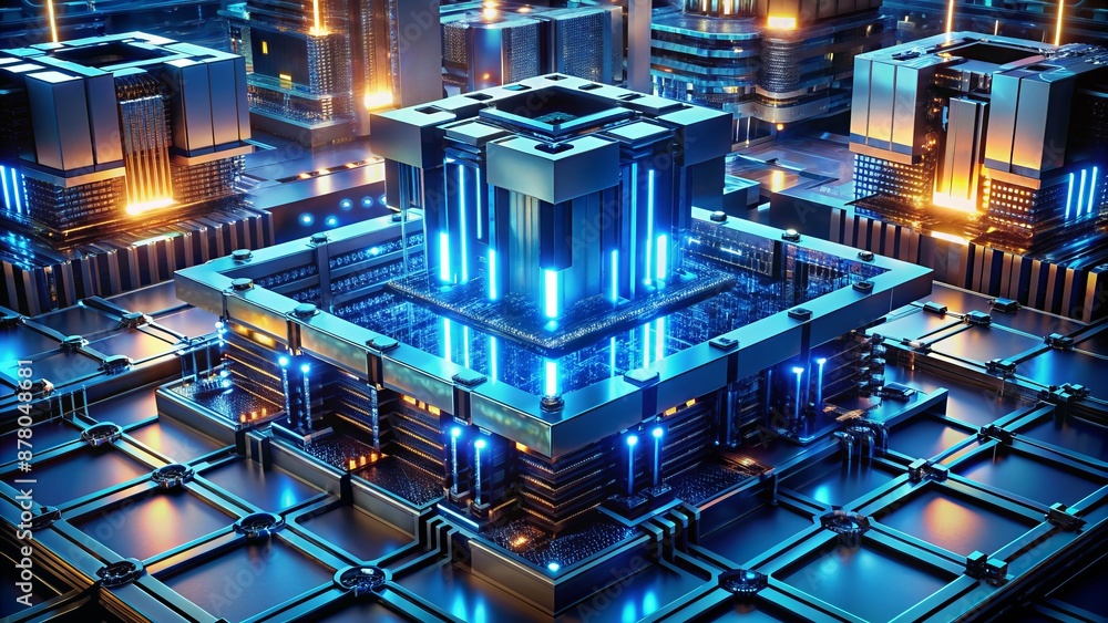 Advanced futuristic quantum computer system with illuminated cores and ...