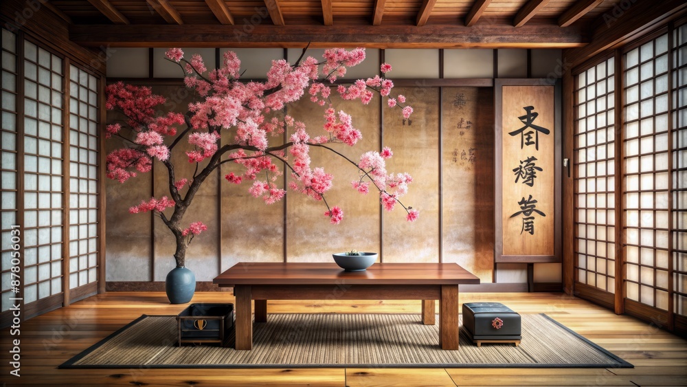 Traditional Japanese room with cherry blossom wallpaper and bold black ...