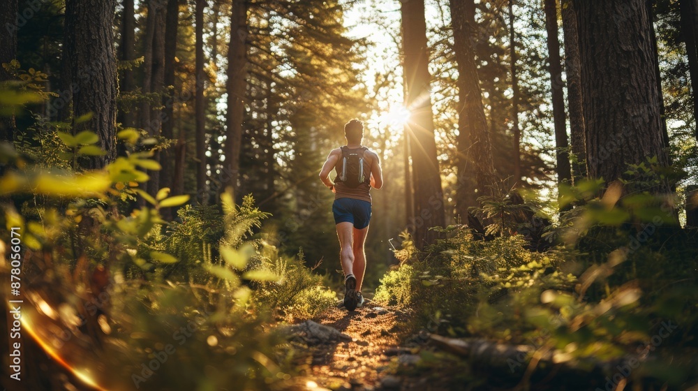 A trail runner moving through a forest, surrounded by towering trees ...