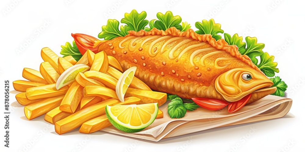 Crispy Fried Fish with Lemon and Fries, digital painting, food ...