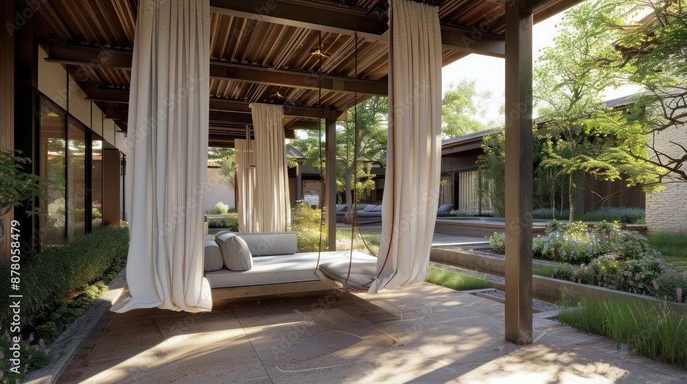 Modern ranch with a covered outdoor lounge area, complete with a ...