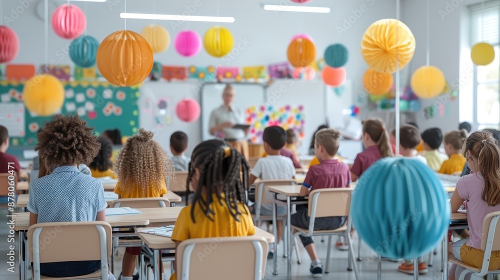 back to school bustling classroom students at desks teacher instructing ...